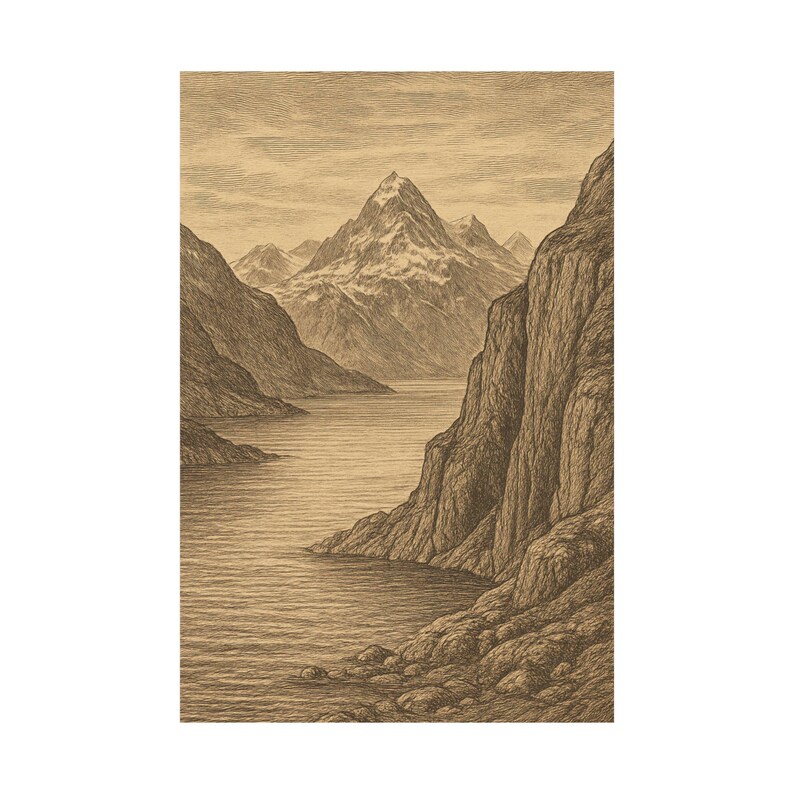 Engraved Style Mountain Fjord Wall Art | Vintage Intaglio Style ...