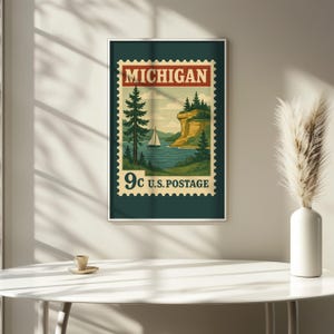 Vintage Michigan Postage Stamp Print | Pictured Rocks Lake Superior ...
