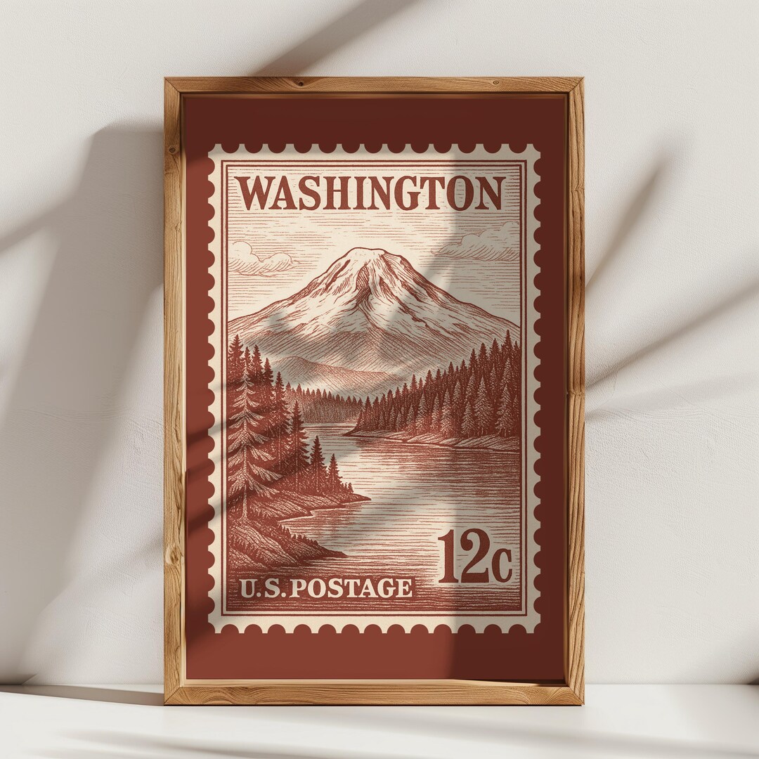 Vintage Washington State Postage Stamp Print | Retro Mountain & Forest ...