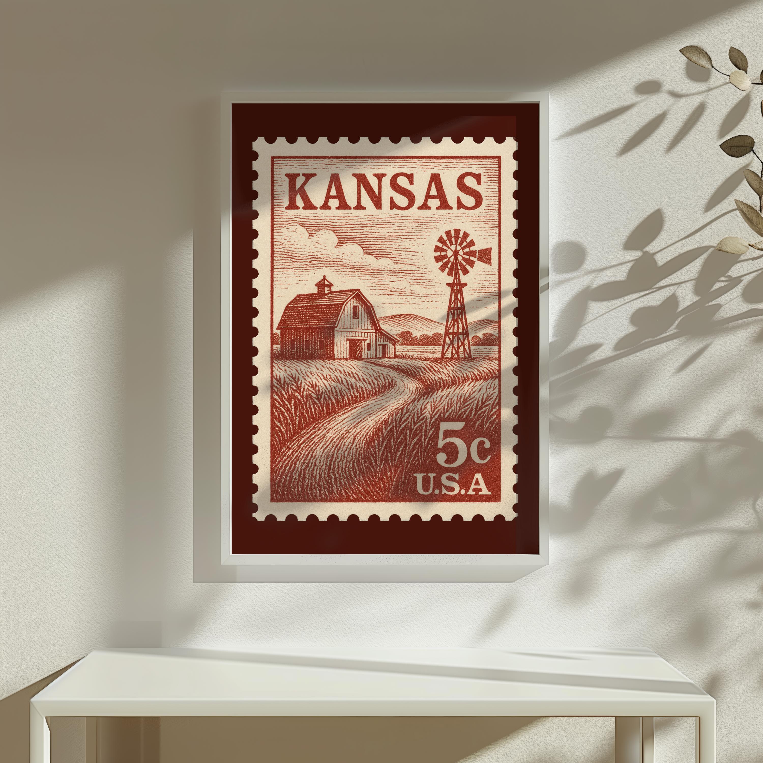 Kansas Vintage Postage Stamp Poster | Retro State Barn Wall Art Print ...