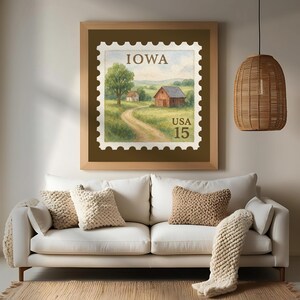 Iowa State Postage Stamp Wall Art | Square Vintage Watercolor Print ...