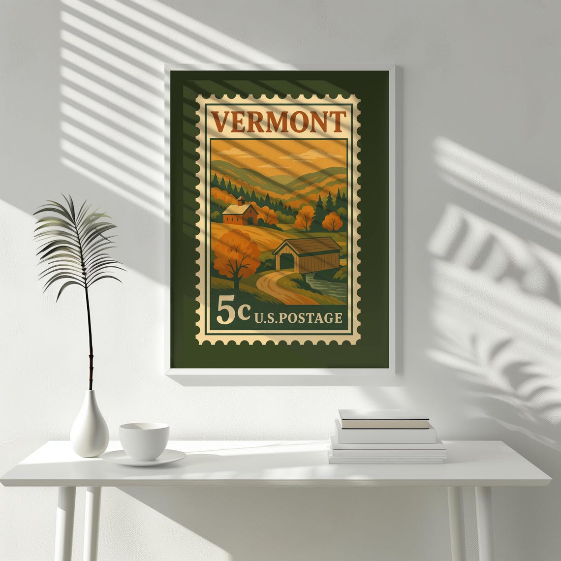 Vintage Vermont Postage Stamp Print | Rustic Covered Bridge Fall ...