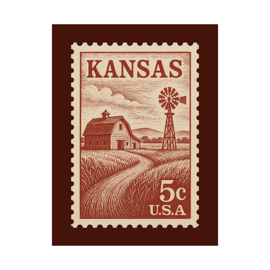 Kansas Vintage Postage Stamp Poster | Retro State Barn Wall Art Print ...
