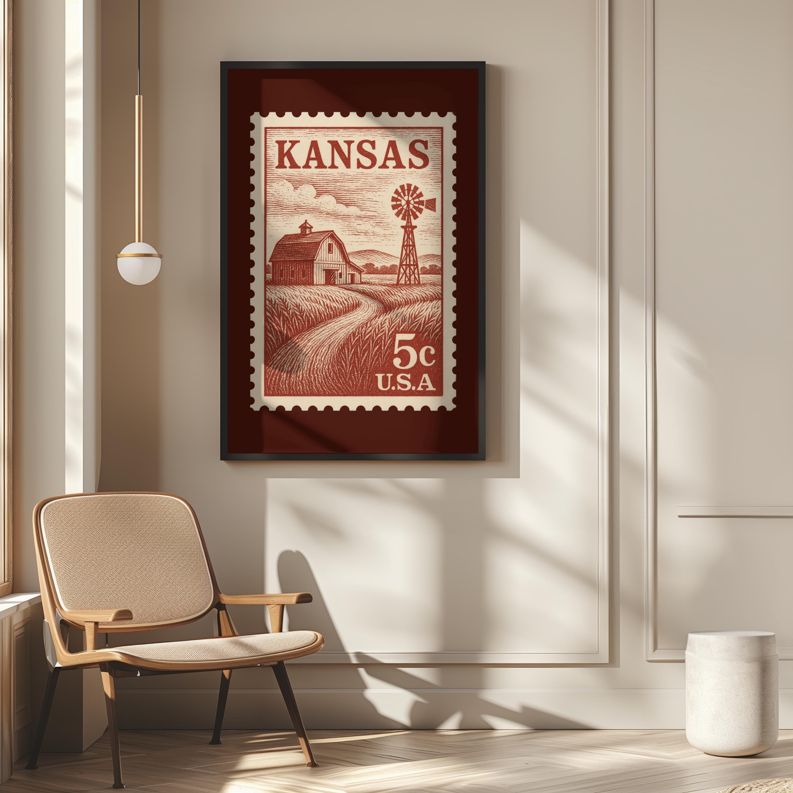 Kansas Vintage Postage Stamp Poster | Retro State Barn Wall Art Print ...