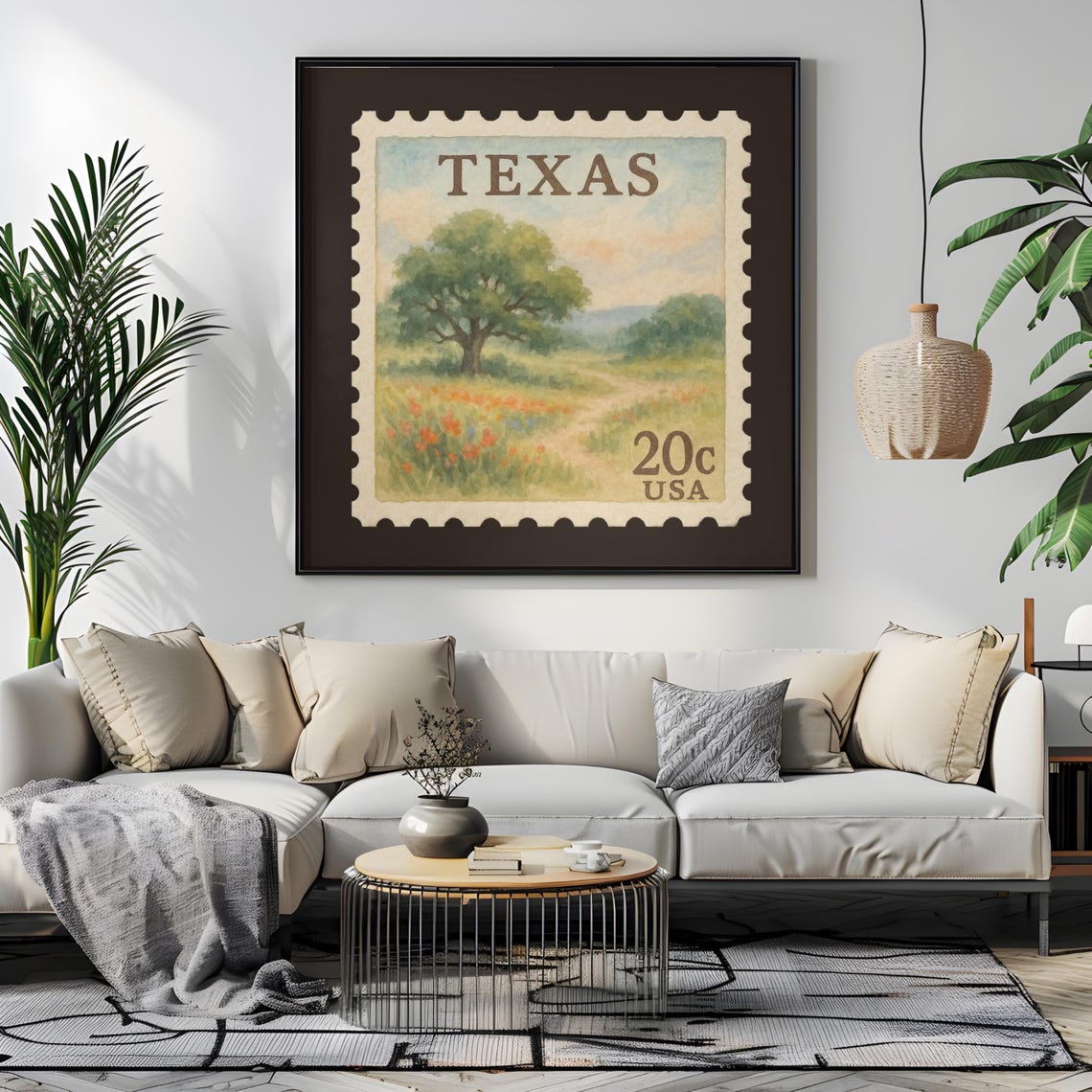 Texas State Postage Stamp Wall Art | Square Vintage Watercolor Print ...