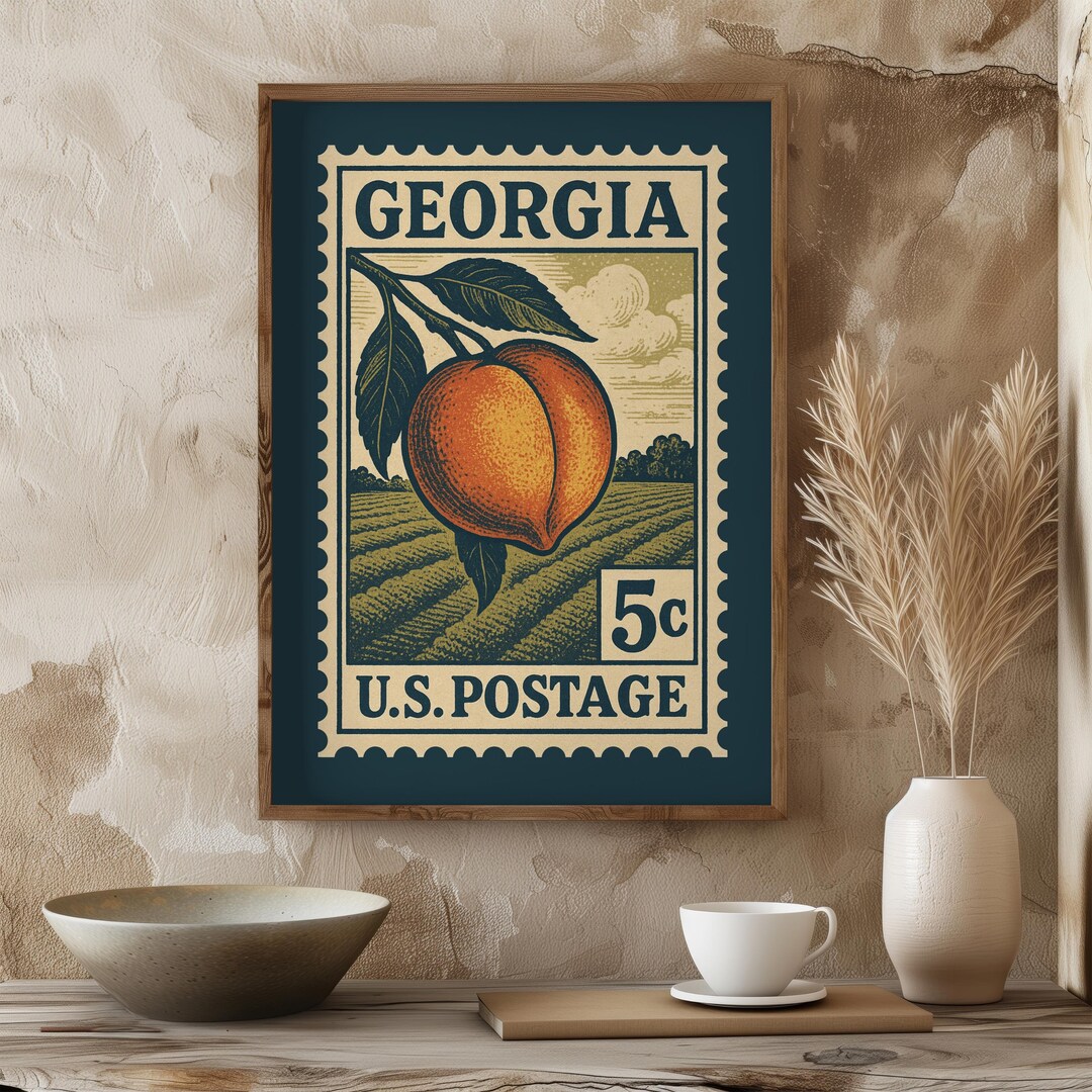 Georgia Postage Stamp Print | Southern Peach Farmhouse Decor | Vintage ...