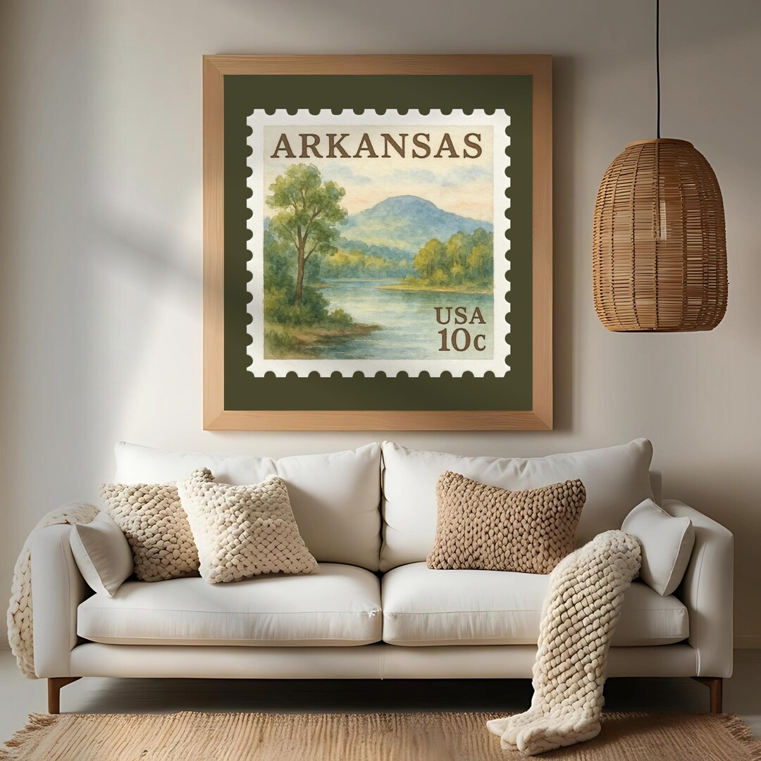 Arkansas State Postage Stamp Wall Art | Square Vintage Watercolor Print ...