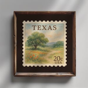 Texas State Postage Stamp Wall Art | Square Vintage Watercolor Print ...