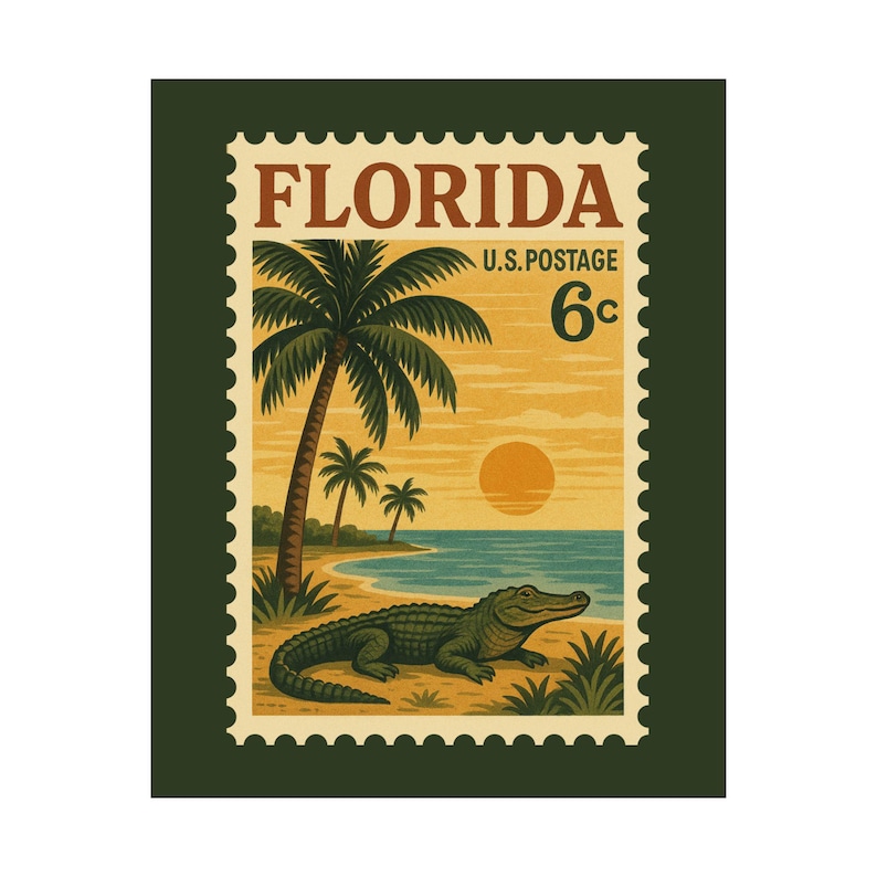 Florida Postage Stamp Print | Retro US State Travel Wall Art | Vintage ...