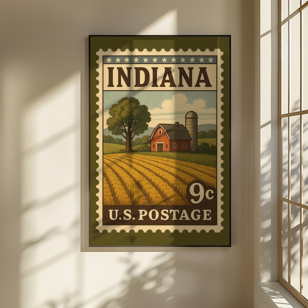 Indiana Postage Stamp Print | Vintage Style Farm Art | Rural Americana ...