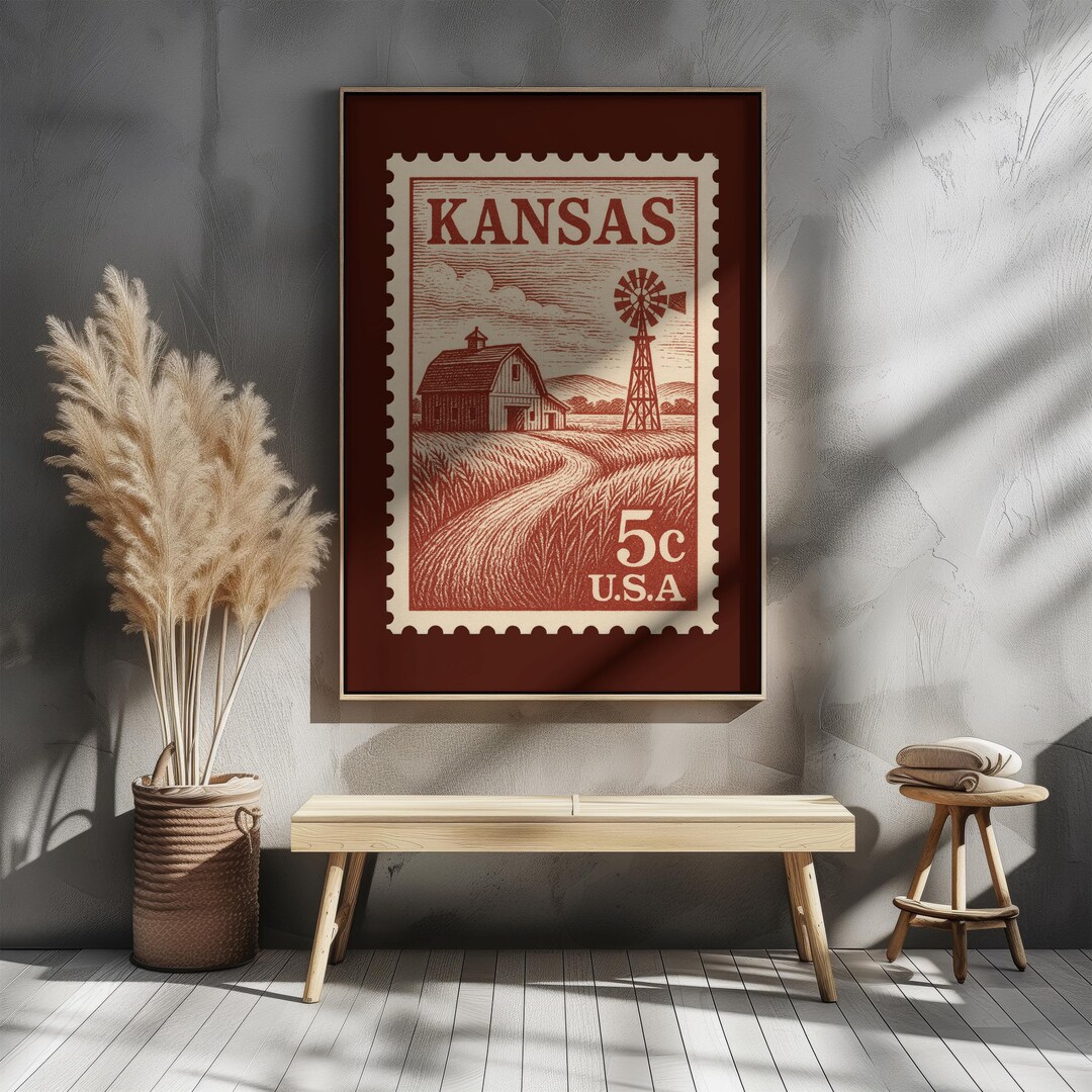 Kansas Vintage Postage Stamp Poster | Retro State Barn Wall Art Print ...
