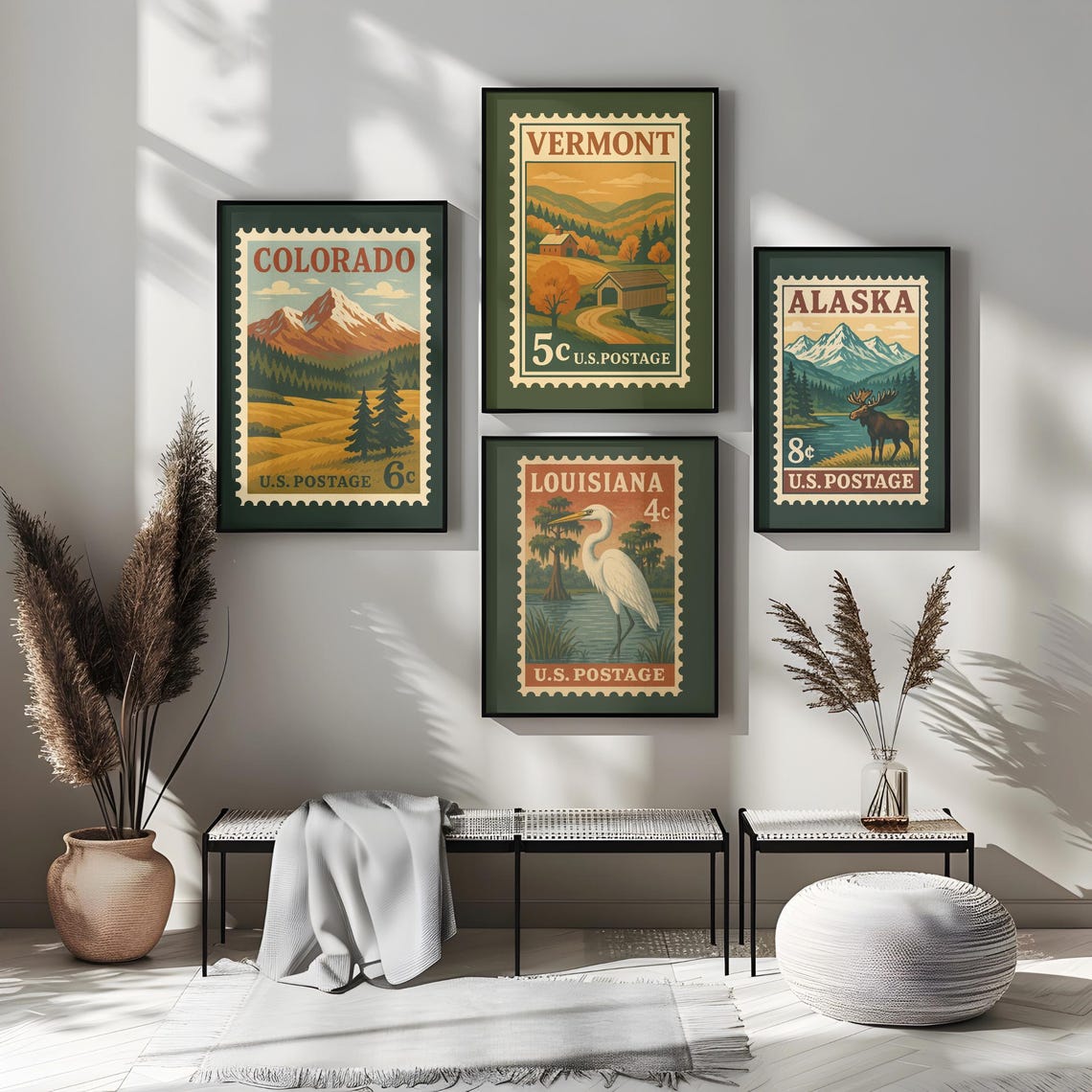 Vintage Vermont Postage Stamp Print | Rustic Covered Bridge Fall ...