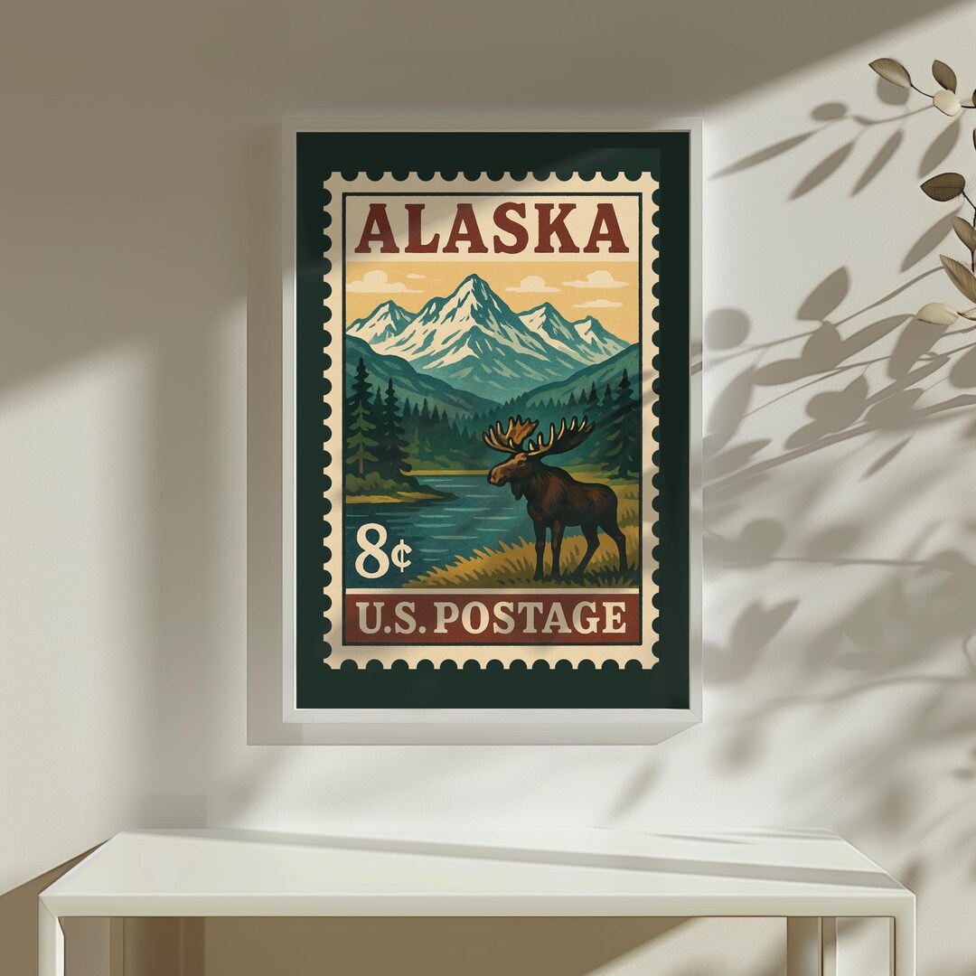 Alaska Postage Stamp Print | Collector Series: Mountain & River | Retro ...