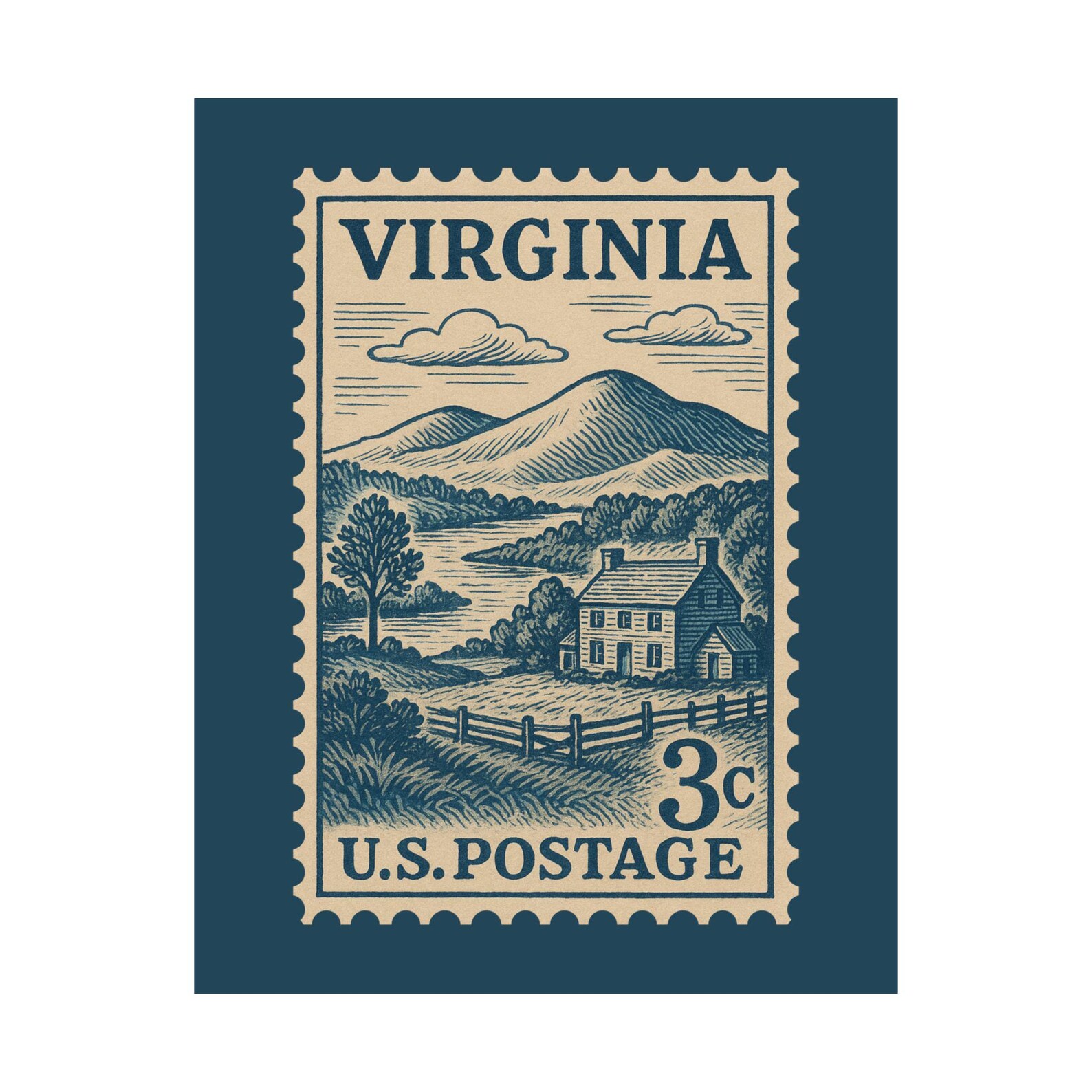 Virginia Vintage Postage Stamp Wall Art | Blue Ridge Mountains ...