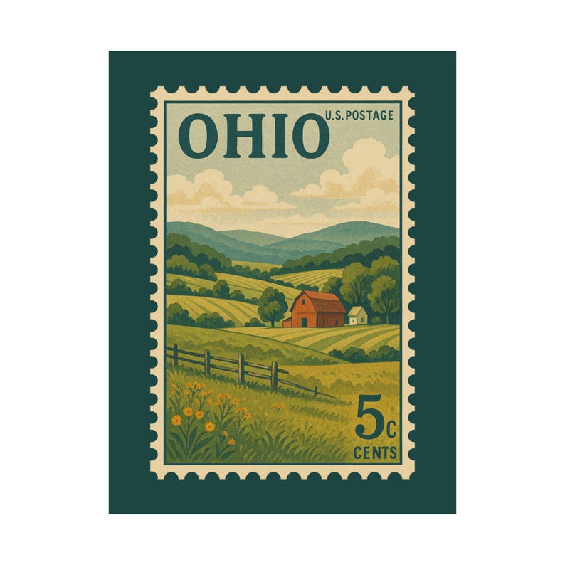 Ohio Postage Stamp Art Print | Vintage Landscape Poster | Rustic Red ...