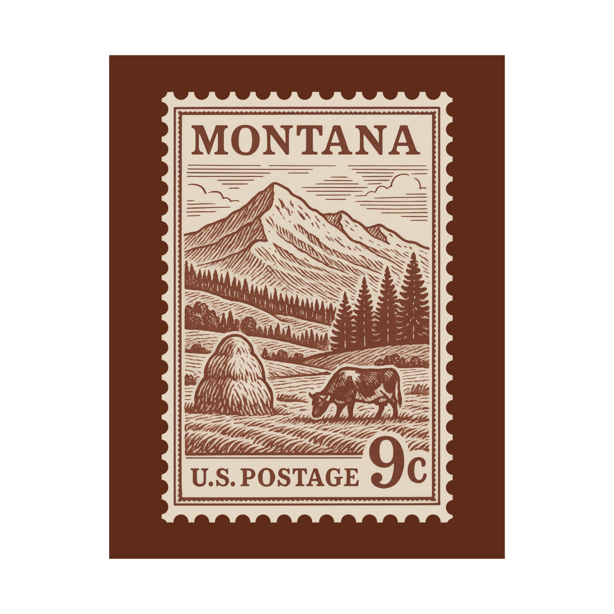 Montana Postage Stamp Print | Retro Western Cow Wall Art | Mountain ...