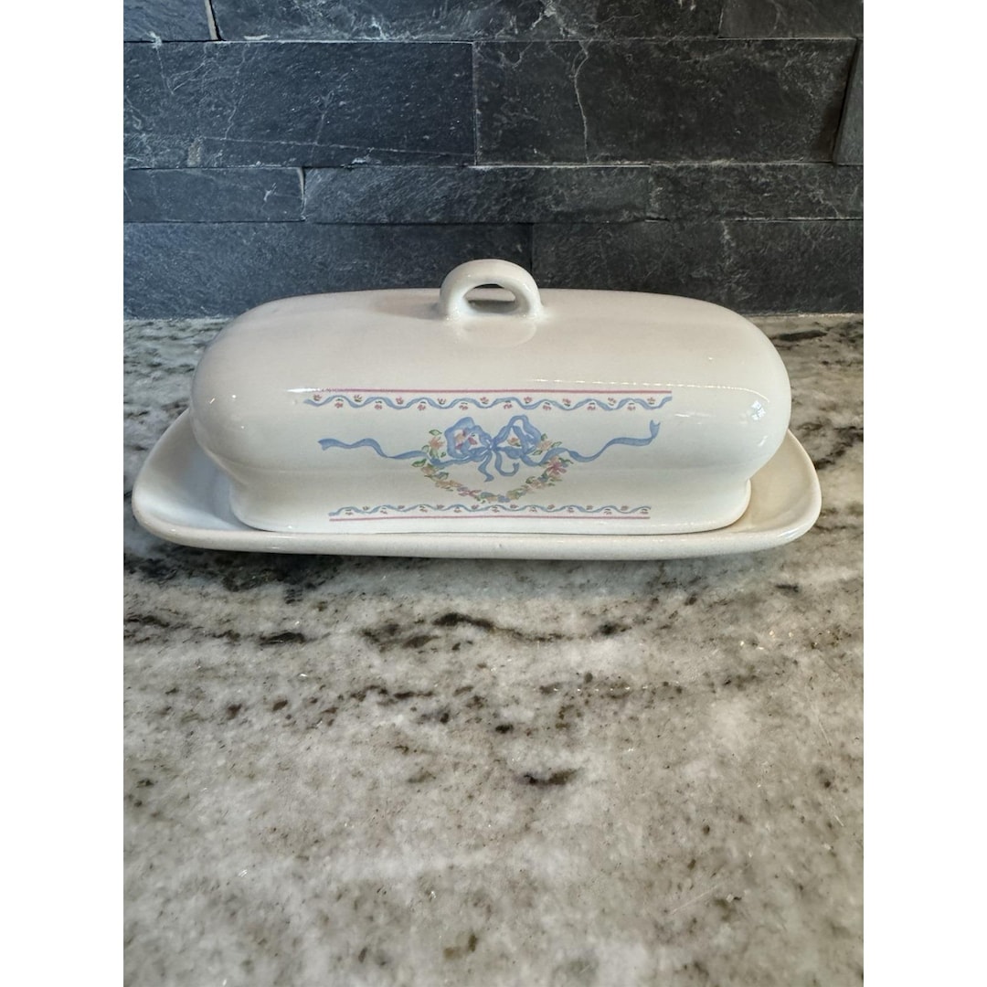 Rare Vintage Butter Dish Bows Ribbon White Pink Blue Ceramic - Etsy