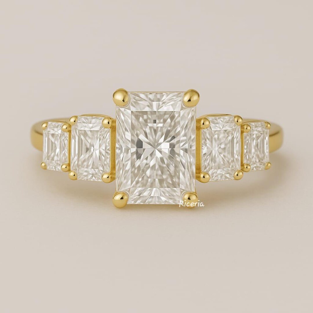 Five Radiant Cut Moissanite Wedding Ring: 14K Gold Ring, Engagement ...