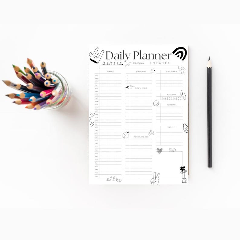 Doodle Style Daily Planner Printable | Undated Minimalist Day Organizer ...