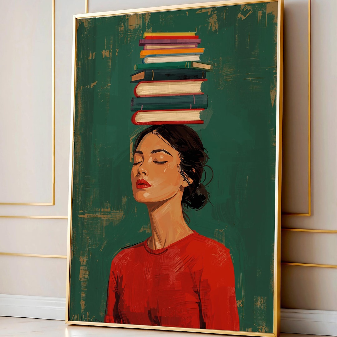 Book Lover Wall Art, Woman With Books on Head Print, Literary Decor ...