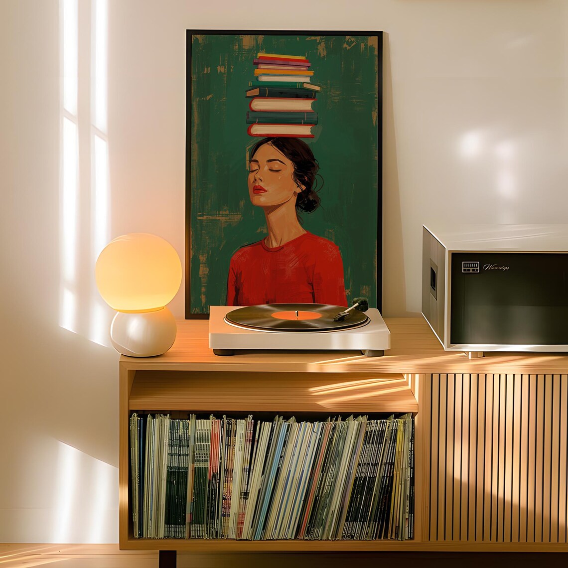 Book Lover Wall Art, Woman With Books on Head Print, Literary Decor ...