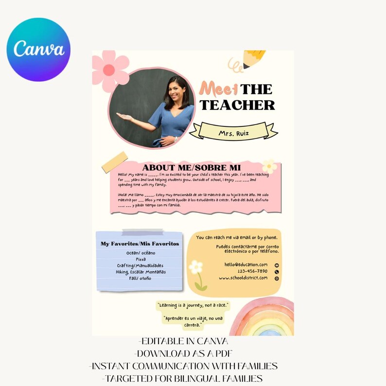 Bilingual Meet the Teacher Template | Editable Canva Printable ...