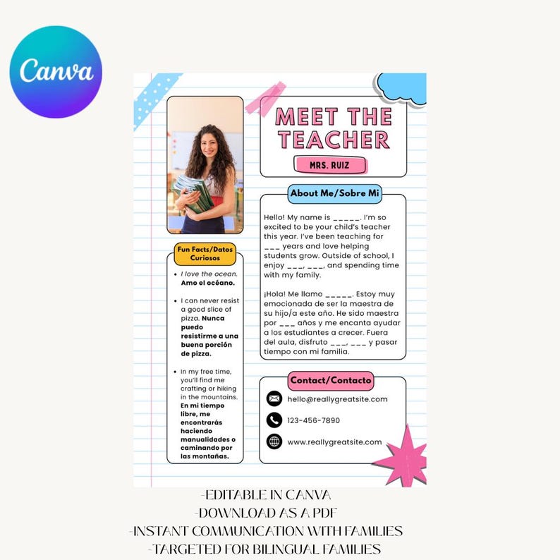Bilingual Meet the Teacher Template | Editable Canva Printable ...