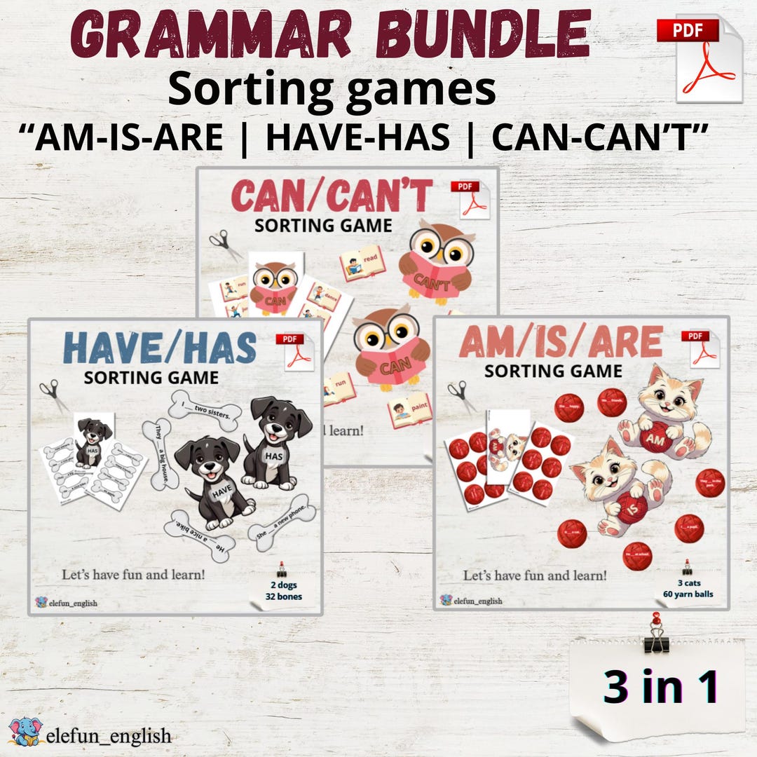Grammar Sorting Games BUNDLE | Am-is-are • Have-has • Can-can't - Etsy