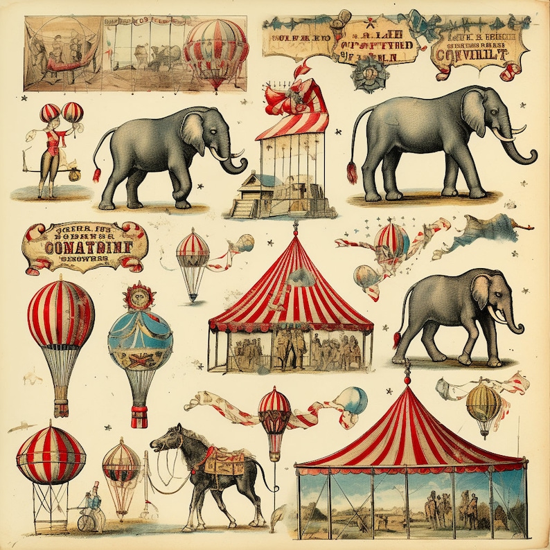 Vintage Circus Extravaganza Clip Art & Backing Papers Galore Fussy Cut ...