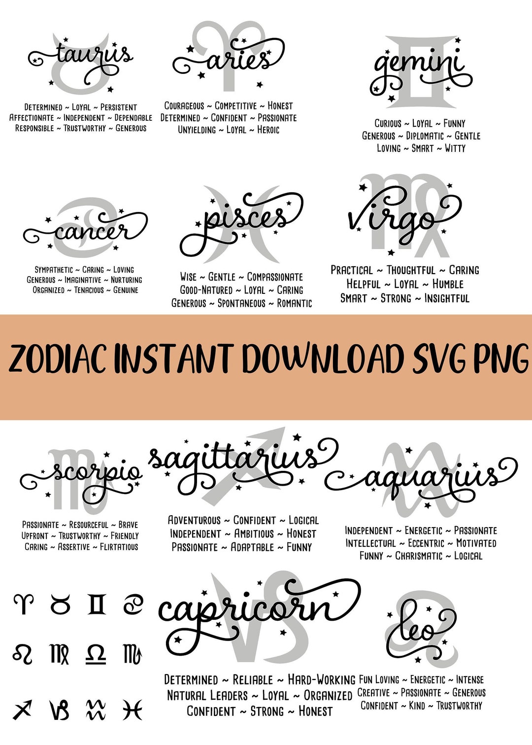 Zodiac Traits SVG Bundle - 13 Images, Digital Download, Astrology ...