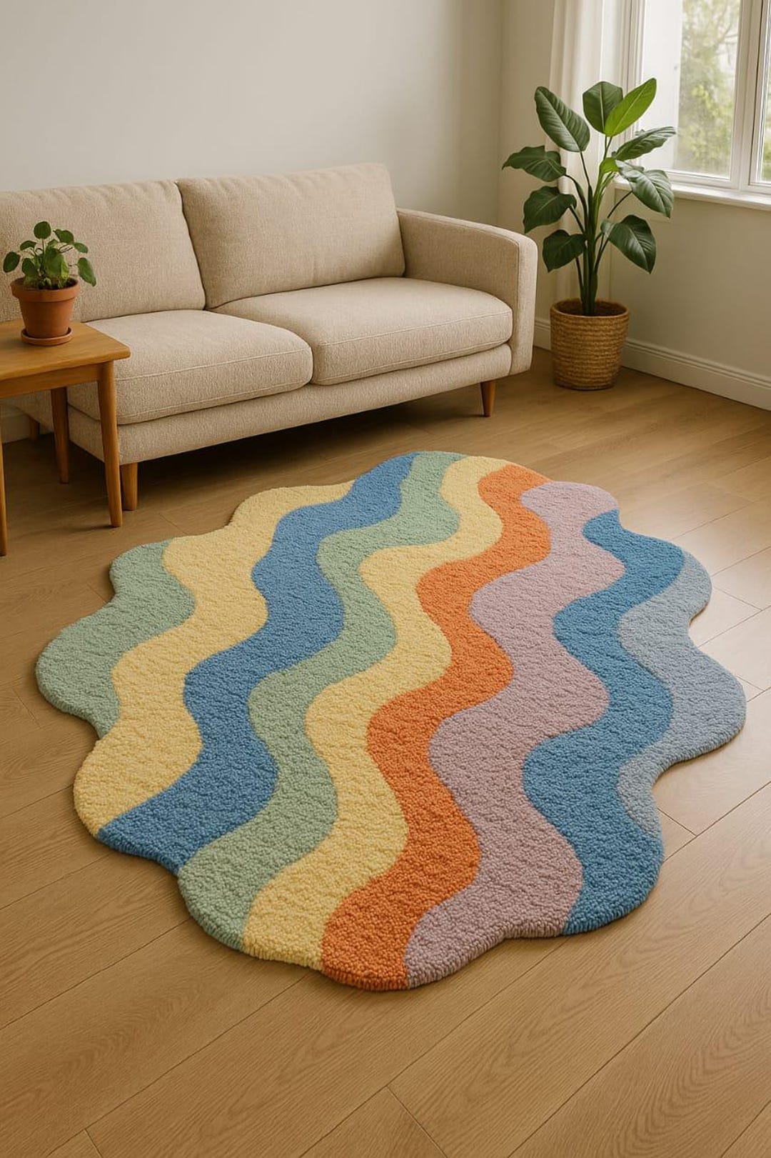 Hand-tufted Wavy Pastel Rug – Scalloped Edge Rainbow Stripe Carpet for ...