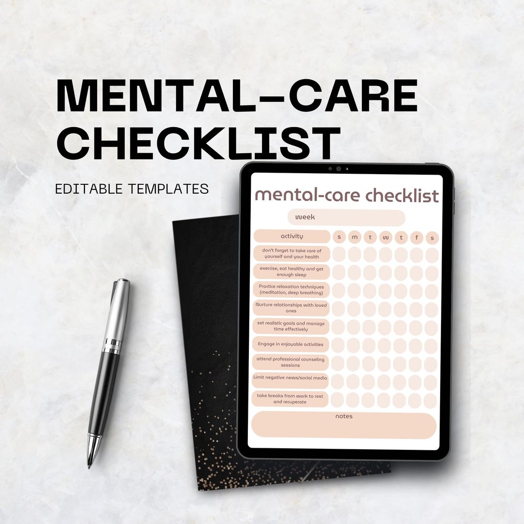 Printable Mental Care Checklist, Mental Health Log, Self Care Checklist ...