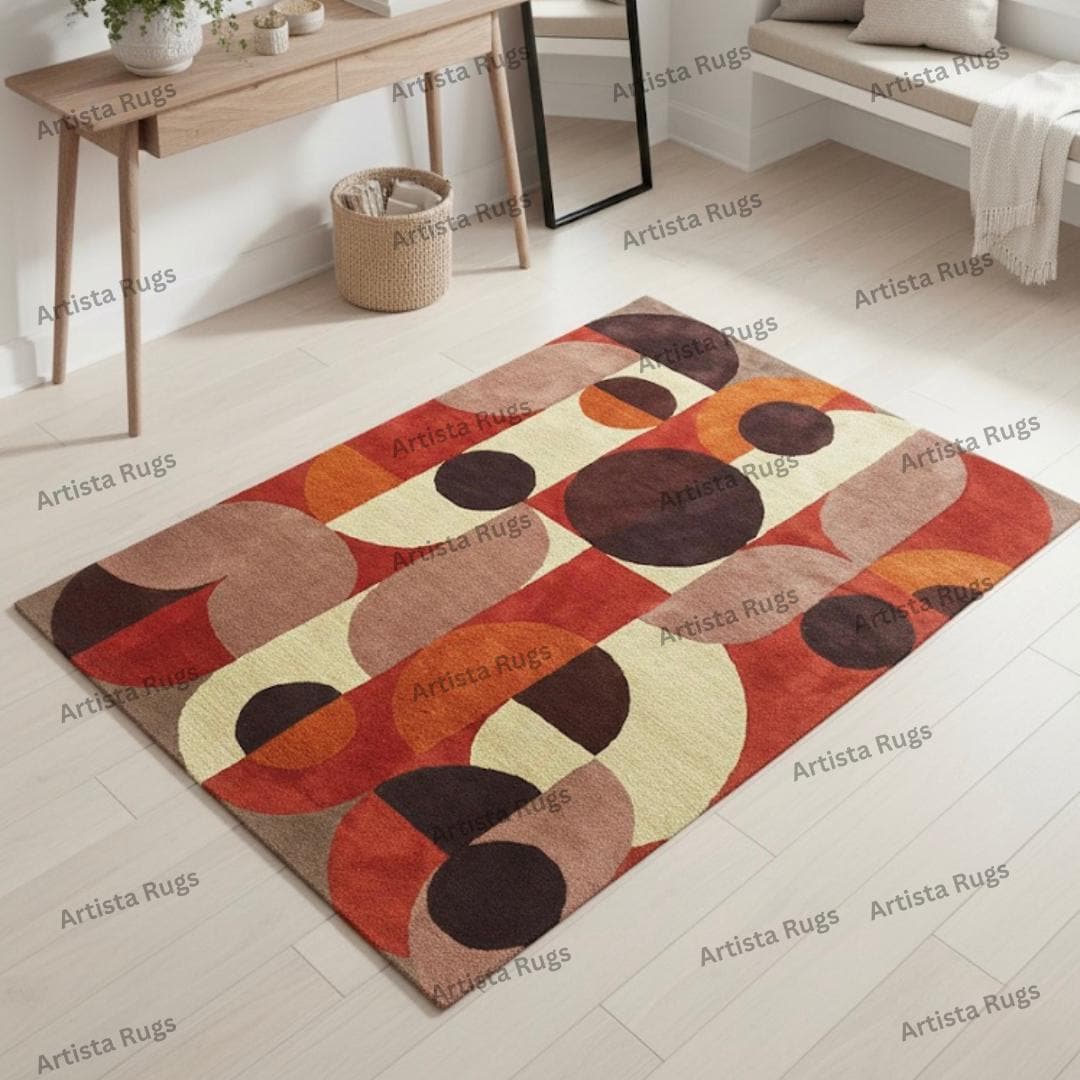 Mid Century Modern Geometric Rug | Retro Abstract Circle Carpet | Hand ...