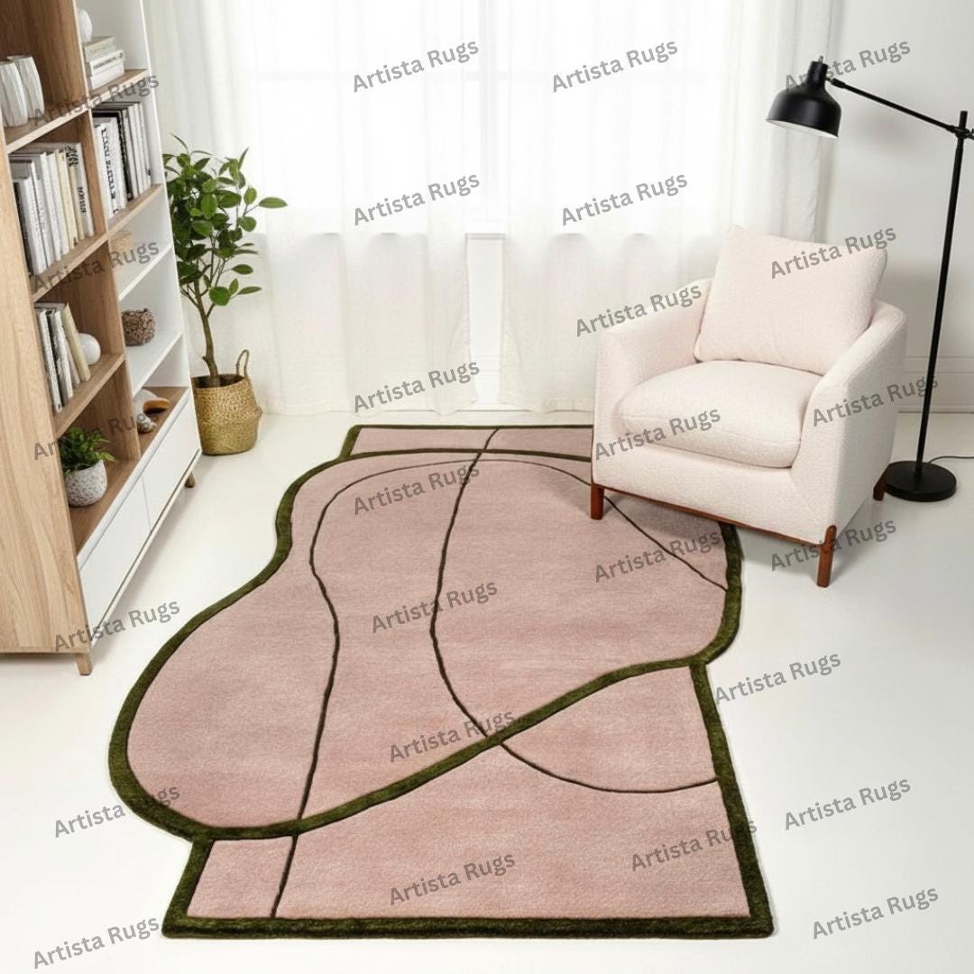 Abstract Line Art Rug | Modern Pink Olive Green Carpet | Organic Shape ...