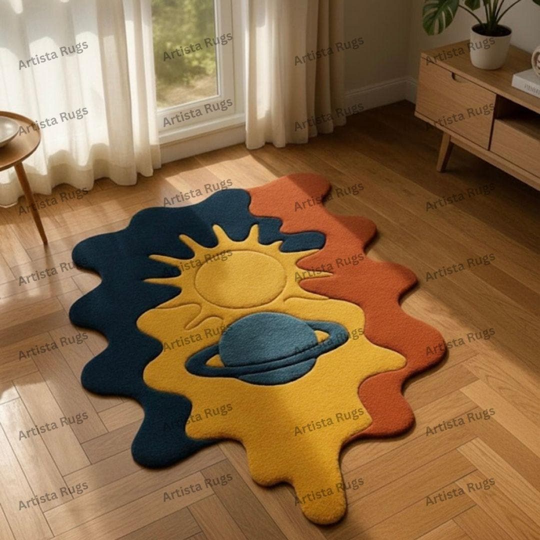 Kids Space Rug | Sun & Planet Saturn Carpet | Wavy Organic Shape ...