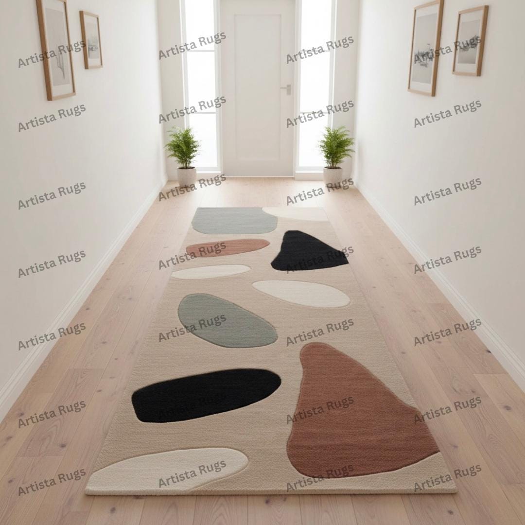 Organic Pebble Runner Rug | Modern Hallway Carpet | Beige Abstract ...