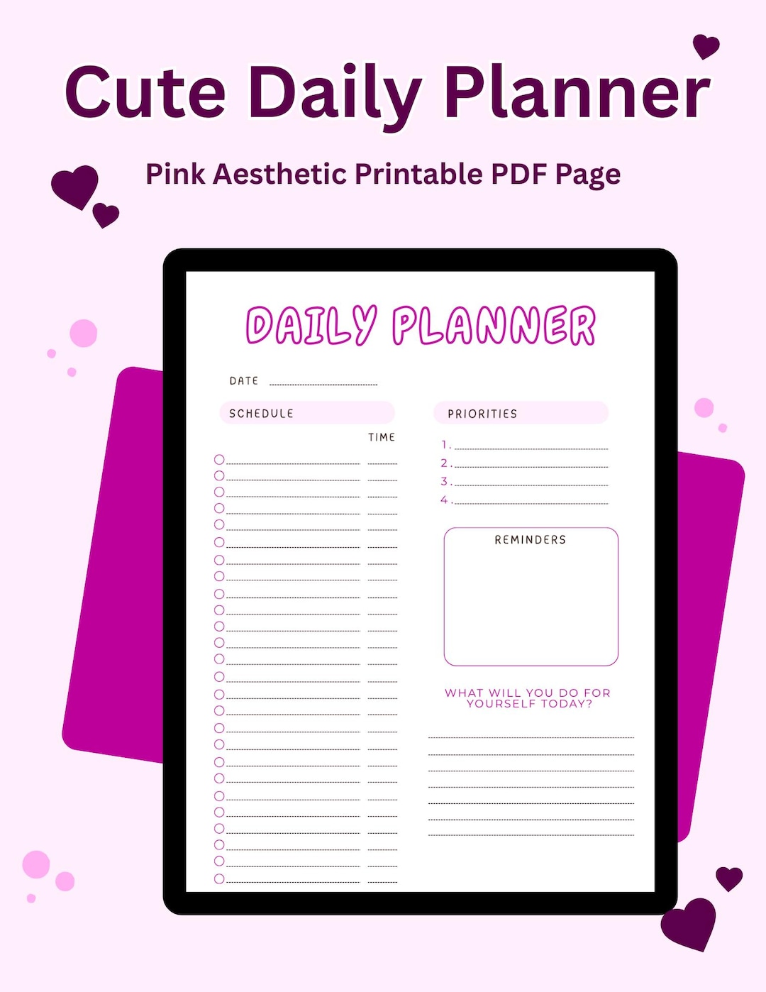 Pink Daily Planner Printable | Minimal Daily Schedule & To-do List (PDF ...
