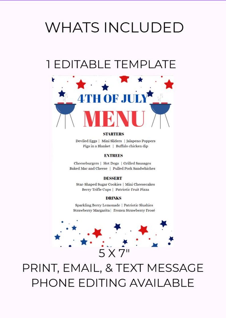 Editable July 4th Menu Template, Patriotic Independence Day Menu Sign ...