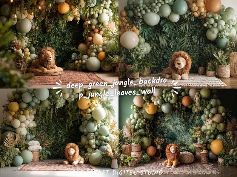 60 Jungle Safari Birthday Backdrop Wild One Cake Smash Background With Balloons & Leaves Baby ...