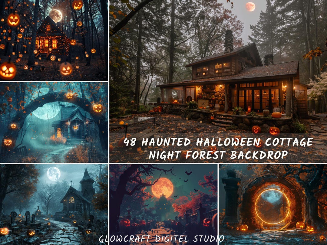 48 Haunted Halloween Cottage Backdrop | Spooky Night Forest Photography ...