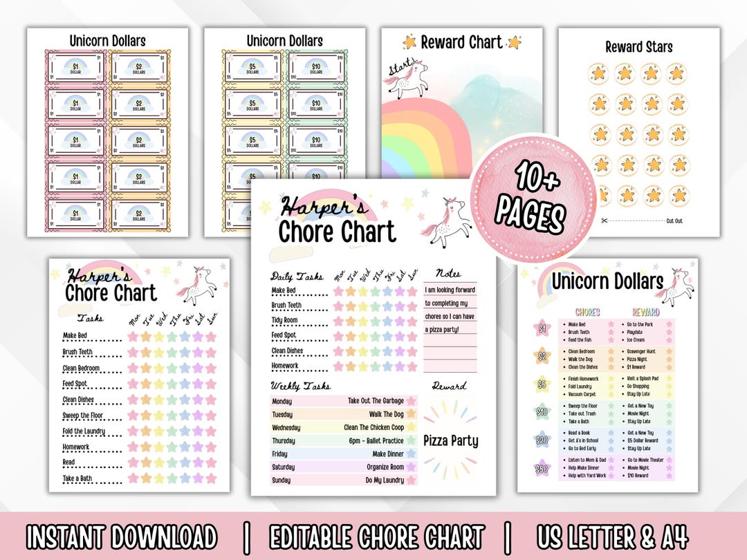 Chore Chart for Kids Editable Canva Template Unicorn Theme Instant ...
