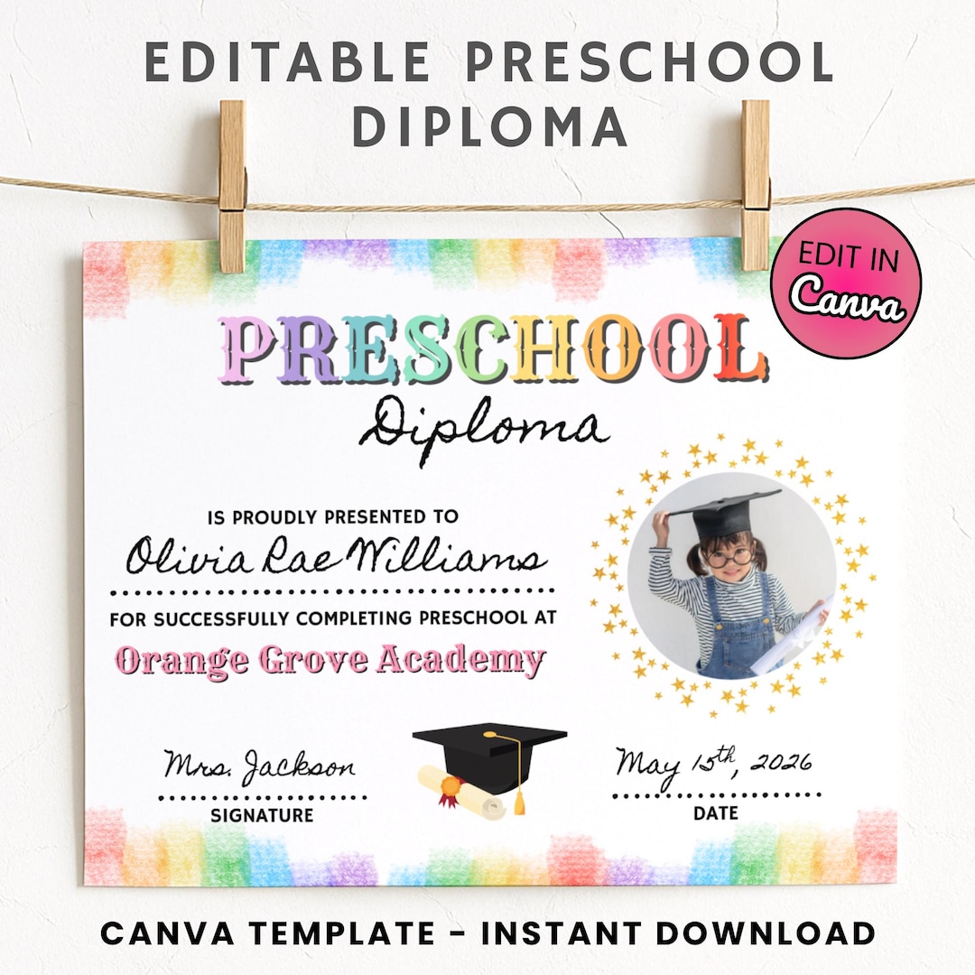 Editable Preschool Diploma Canva Template: Graduation Certificate ...