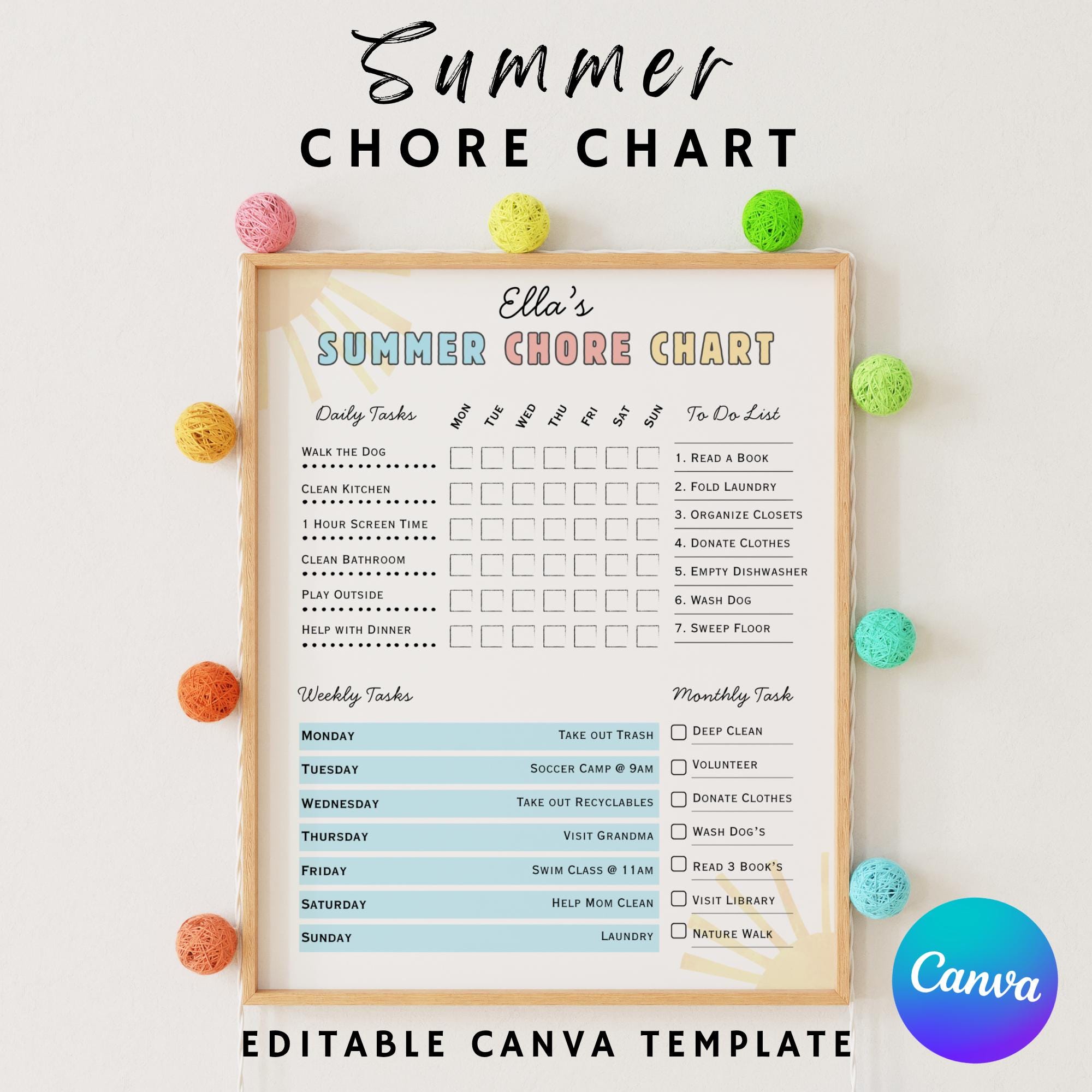 Editable Summer Chore Chart for Kids: Teen Chore Chart Printable Summer ...