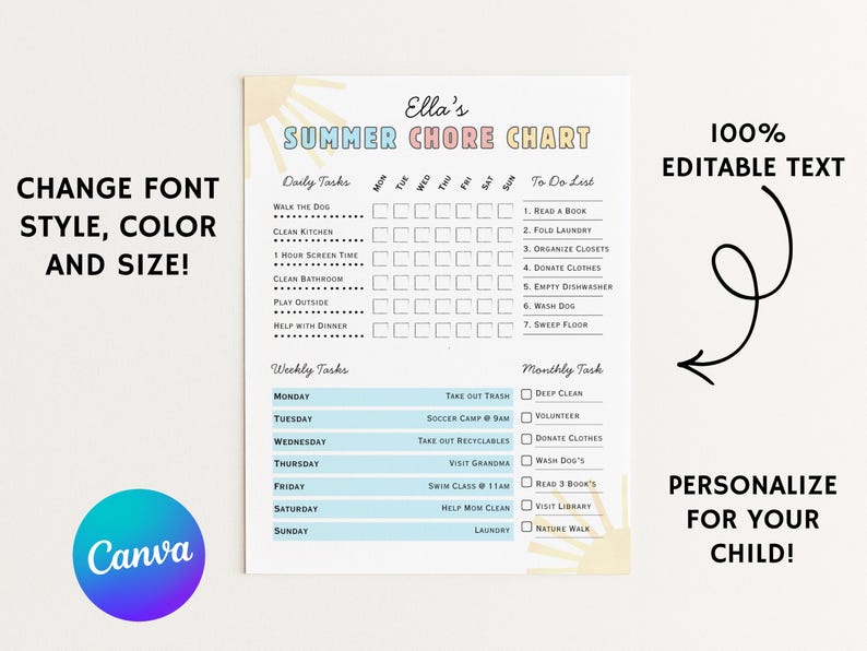 Editable Summer Chore Chart for Kids: Teen Chore Chart Printable Summer ...