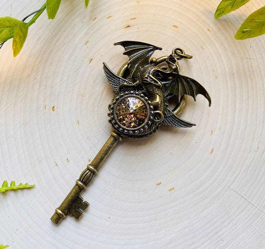 Bronze Steampunk Dragon Fantasy Key Necklace - Dragon Necklace ...