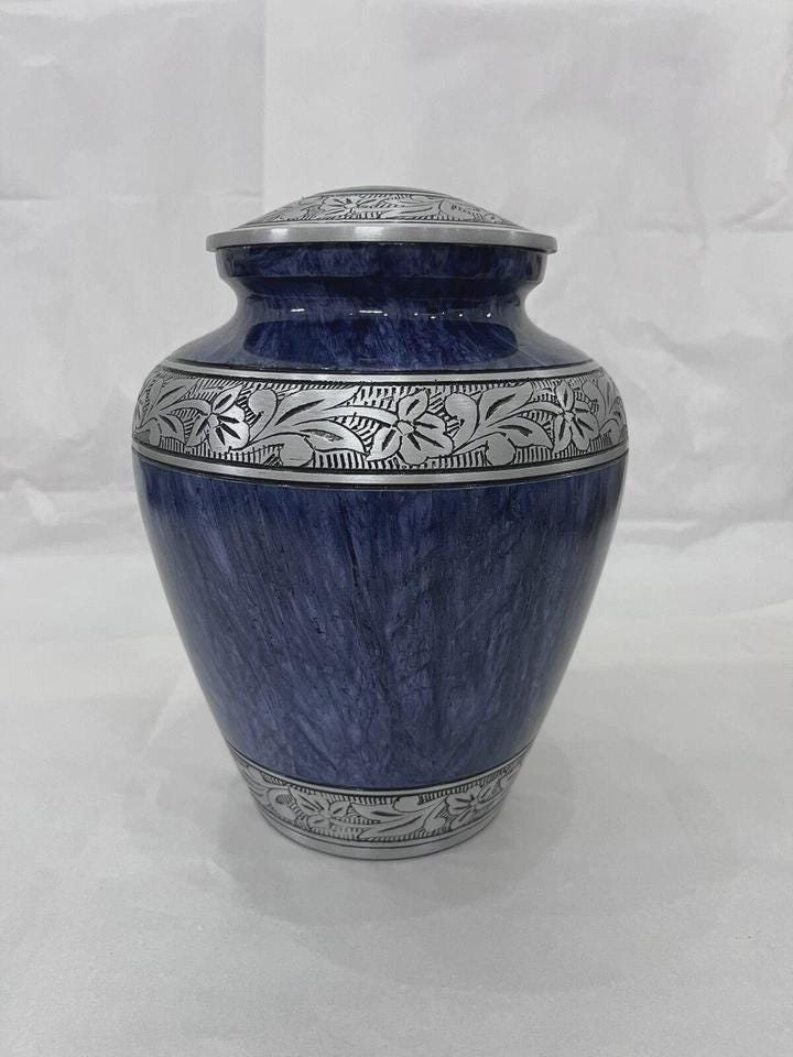 Blue Marble Cremation Urn: Hand-engraved Silver Floral Design, Large ...