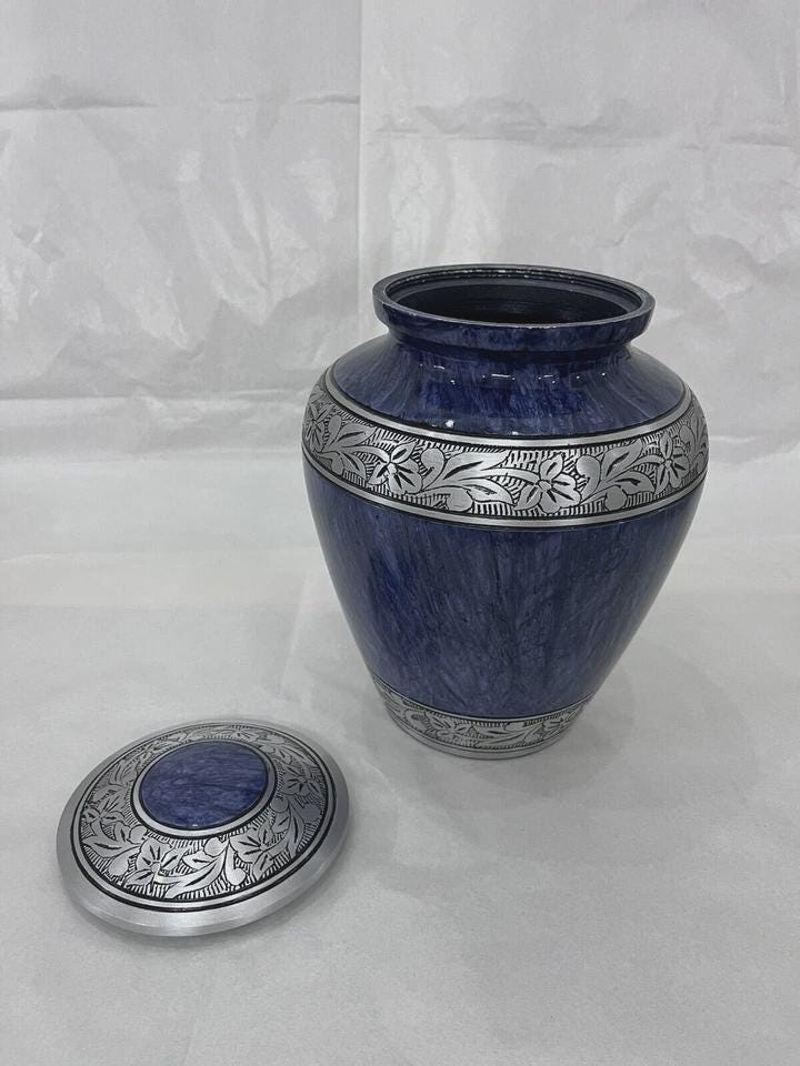 Blue Marble Cremation Urn: Hand-engraved Silver Floral Design, Large ...
