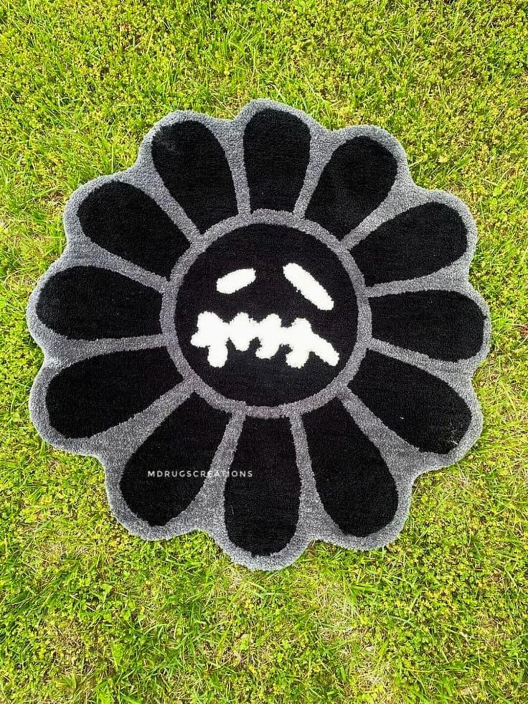 Custom Hand-tuffted Art Rugs in Black Flower Rug With Sad Face for Kids ...