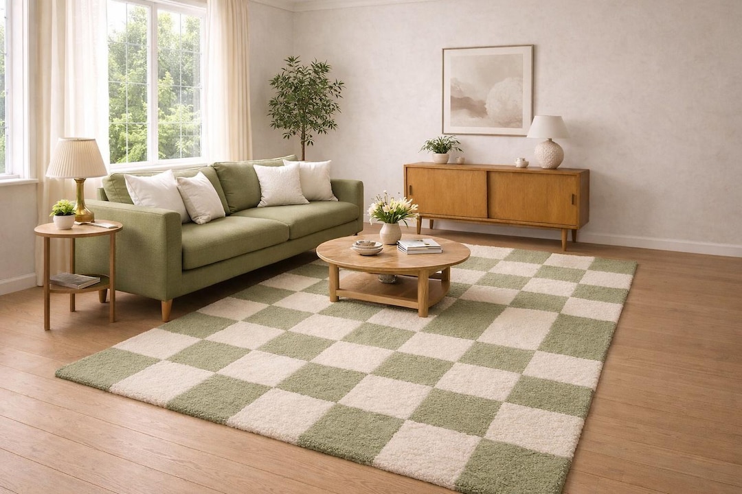 Trendy Sage Green Checkered Shag Rug - Etsy