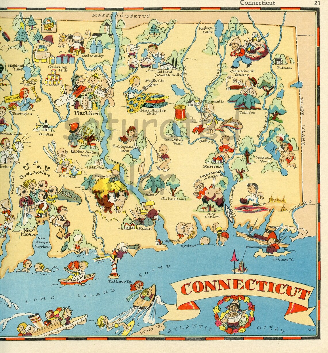Connecticut Map ORIGINAL 9 X 13 Vintage 1930s Antique Picture - Etsy